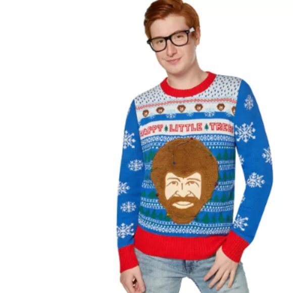 Spencer's | Sweaters | Bob Ross Sweater Adult Medium Blue Christmas ...